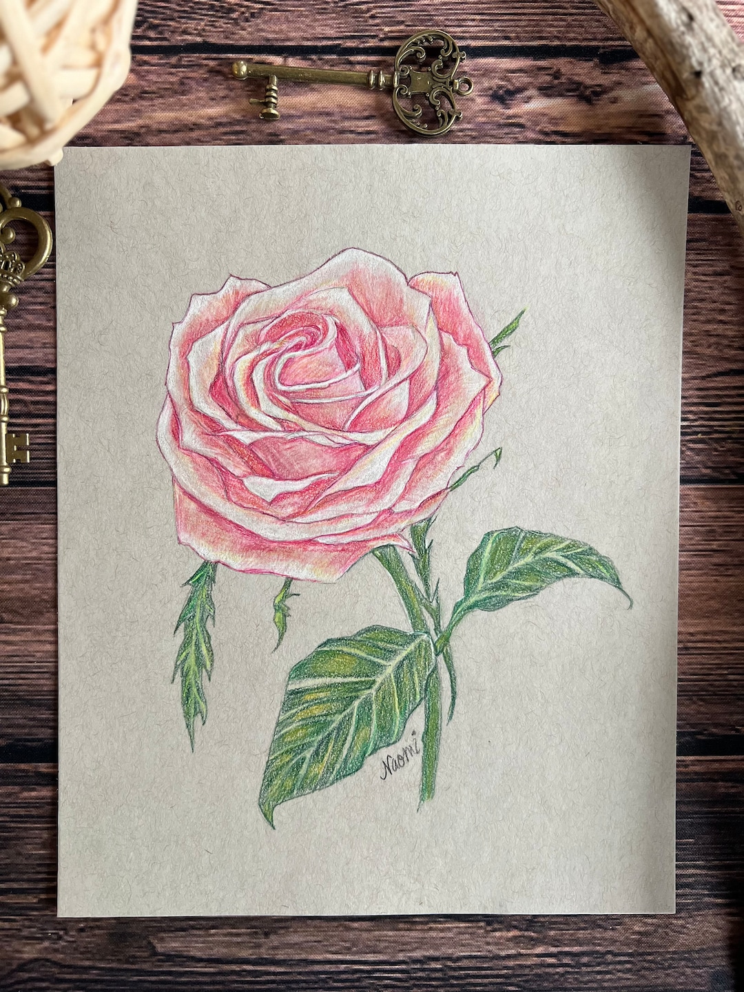 Original Pink Rose Colored Pencil Drawing, Whimsical, Romantic, Decor ...