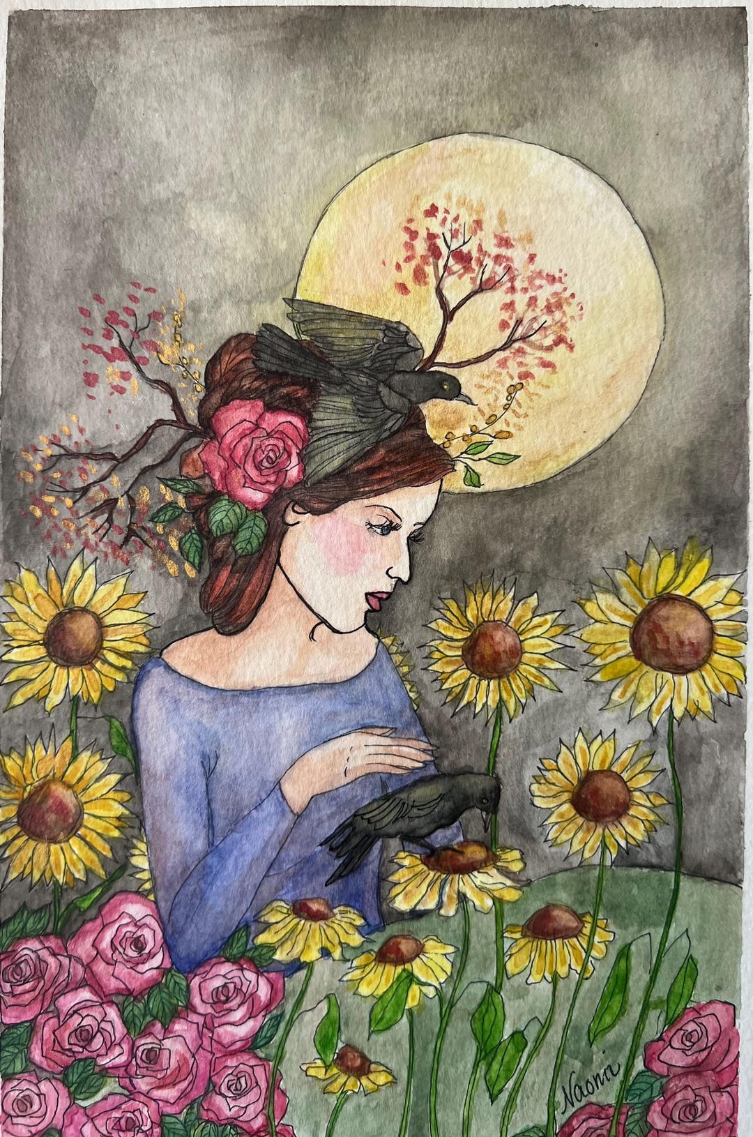 Raven and Sunflower Watercolor Painting | Surreal Botanical Art - Etsy