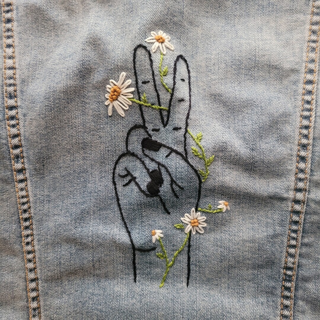 Peace Out Hand Embroidered Denim Vest Size:m Up-cycled Handmade ...