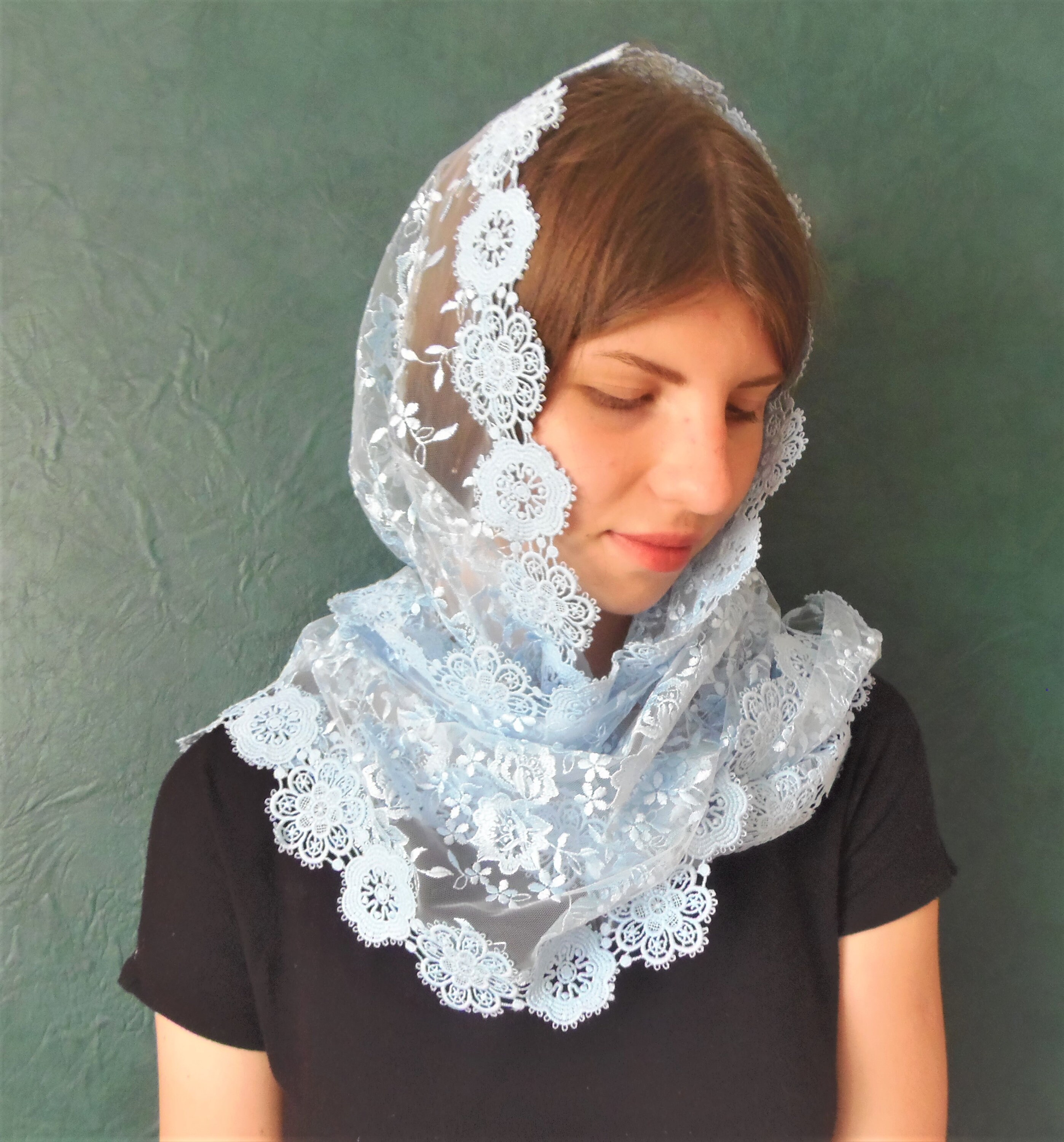 Light Blue Lace Chapel Veil Mantilla - Catholic Head Covering - Etsy