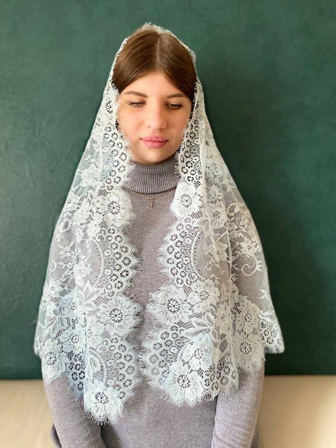 Chapel Veil Lace Light Blue Mantilla D- SHEPE Lace Mantilla Veil Lace ...