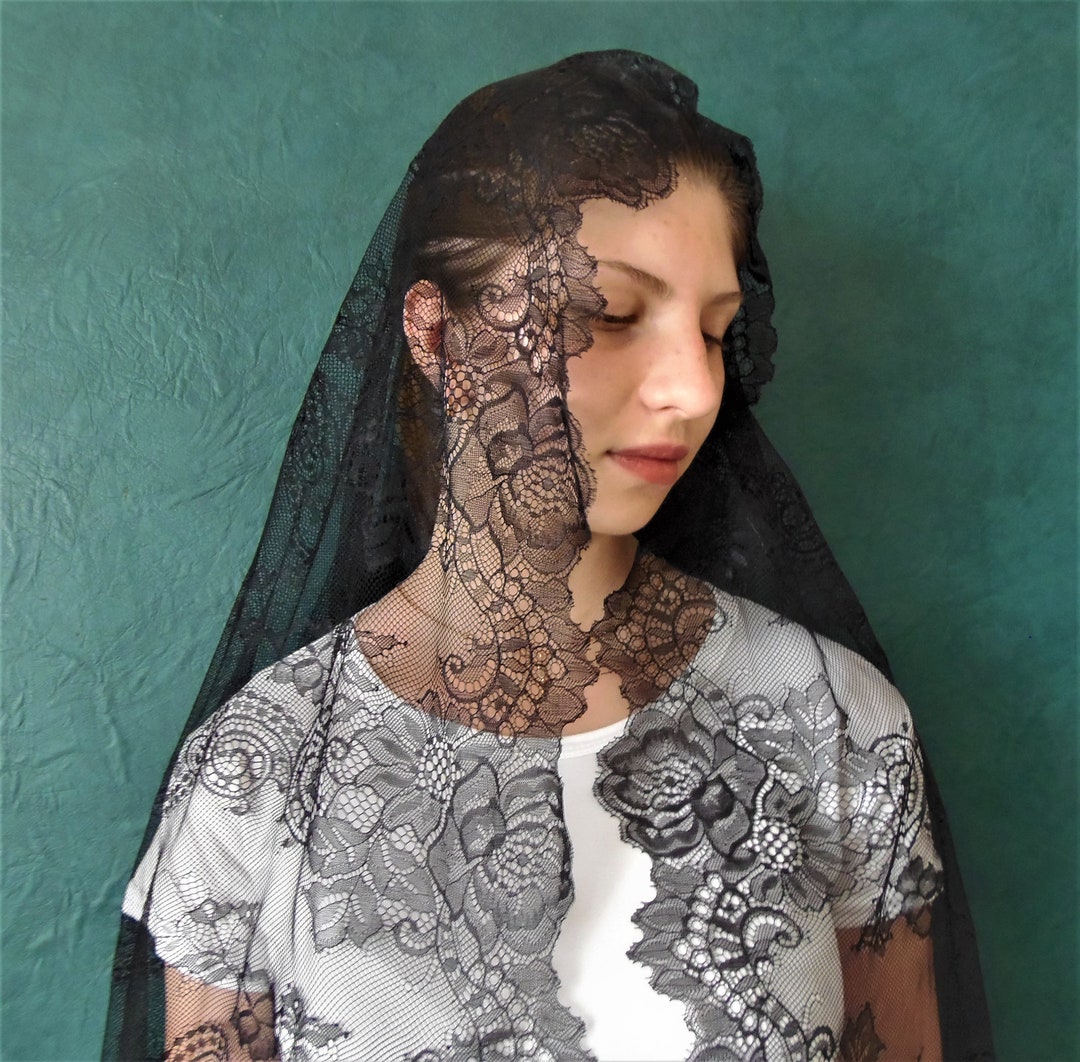 Veil Lace Mantilla Church Veil Black Chapel Veil for Mass Religious ...