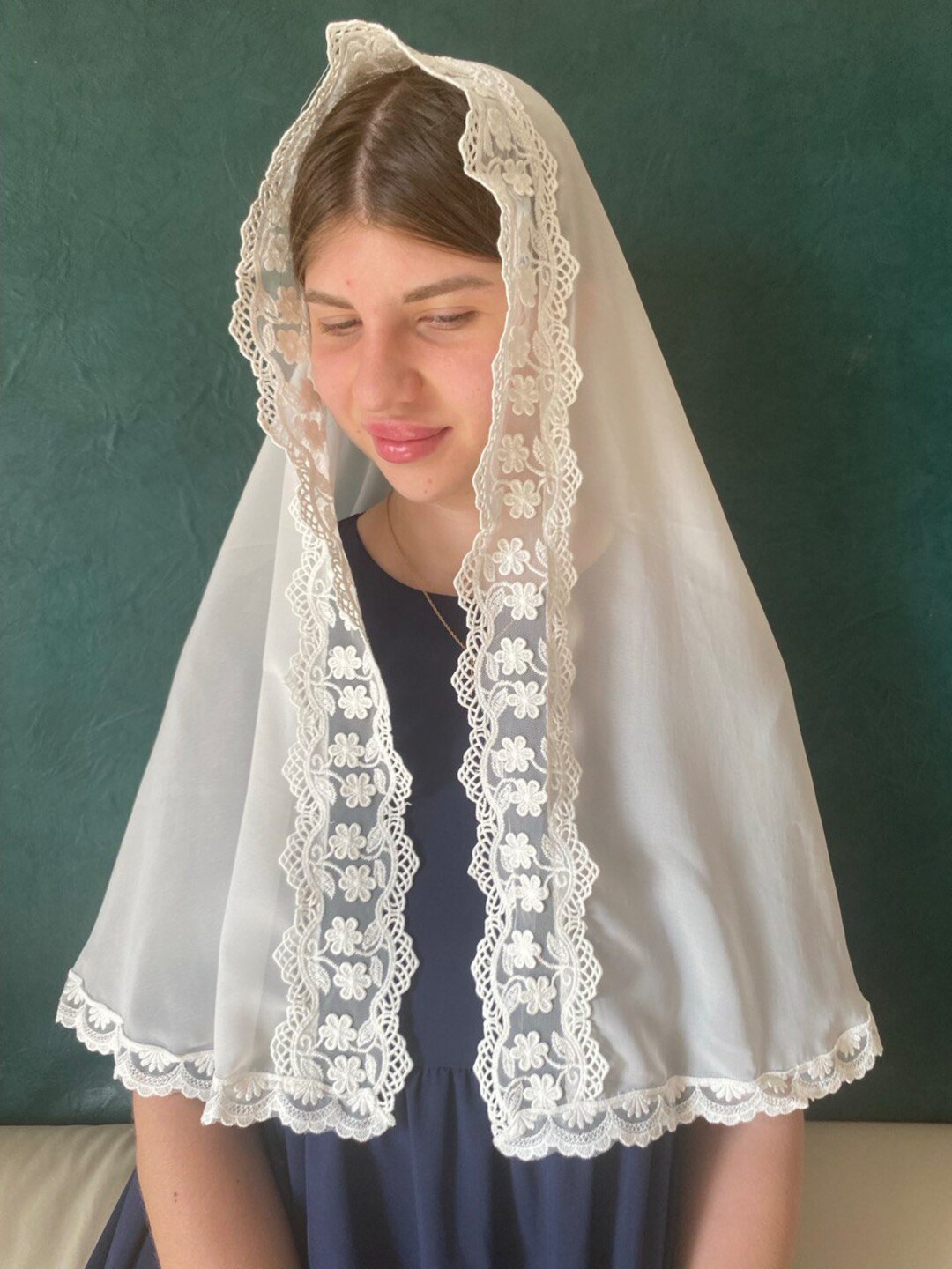 D-shipe Chapel Veil Chiffon Lace Head Covering Veil for Mass Catholic ...