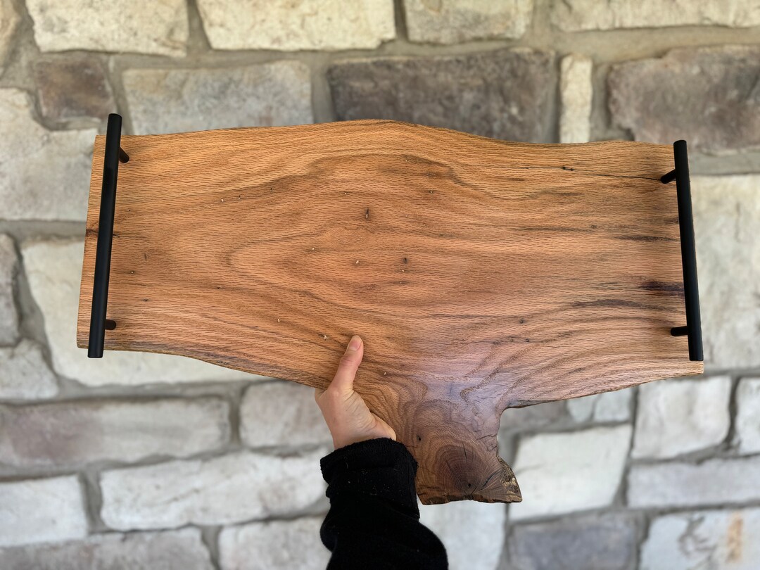 Live Edge Red Oak Serving Tray With Black Handles | Rustic Wood ...