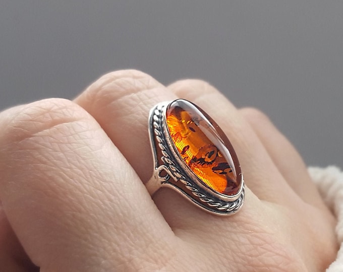 Large Baltic Amber Ring, Victorian Amber Ring, Long Amber Ring, Big ...