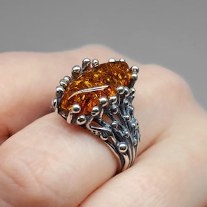 Large Statement Amber Ring, Big Silver and Amber Ring, Oval Amber Ring ...