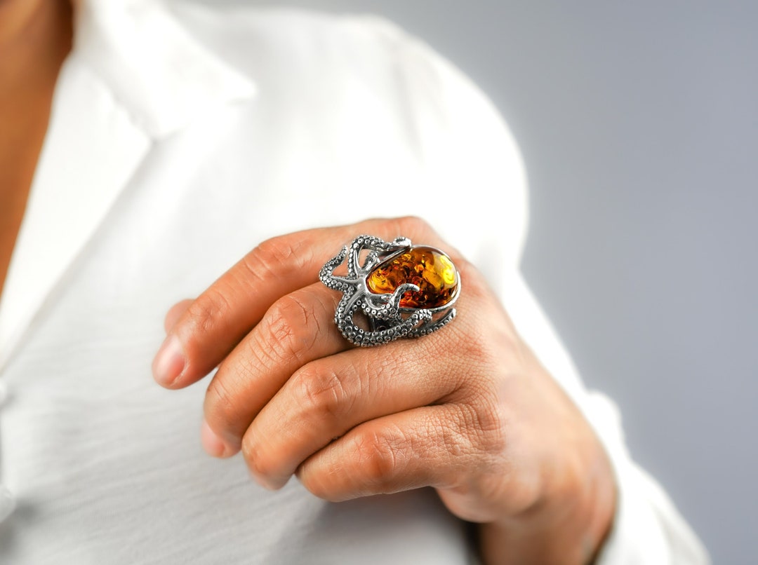 Exquisite Baltic Amber Octopus Ring, Adjustable Silver Octopus Ring ...