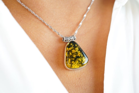 Green Baltic Amber Necklace Sterling Silver and Amber Pendant Silver Tube Bale Necklace Silver and Green Stone Necklace Modern Necklace Etsy