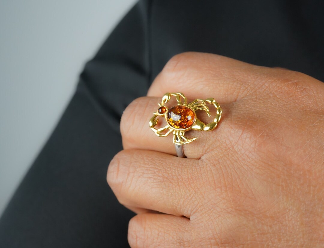 Unique Baltic Amber and Gold Scorpion Ring, Adjustable Gold Scorpion ...