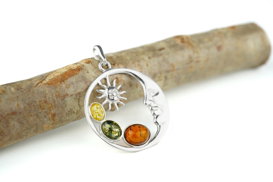 Amber Moon and Sun Necklace, Silver and Amber Pendant, Honey Amber Moon ...