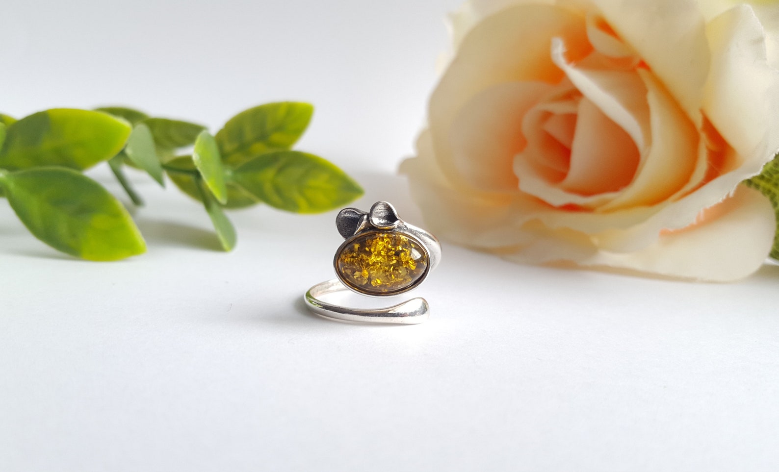 Natural Baltic Amber ring Adjustable Silver Ring Green Amber | Etsy