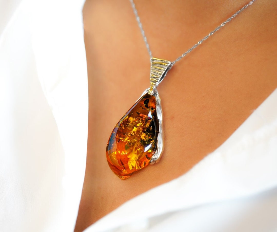 Large Teardrop Amber Necklace, Silver and Gold Baltic Amber Necklace, Exquisite Amber Stone ...