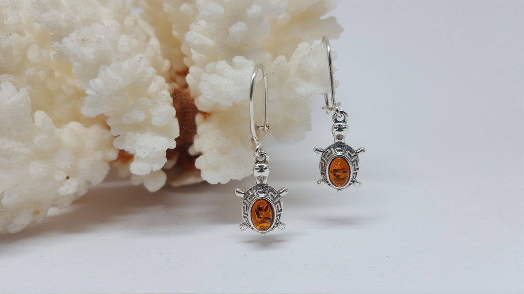 Small Amber Turtle Earrings, Green Turtle Earrings, Silver Turtle ...