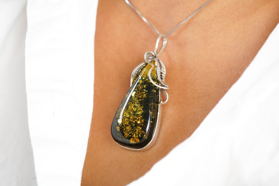 Large Teardrop Amber Necklace, Silver and Green Amber Necklace, Long ...