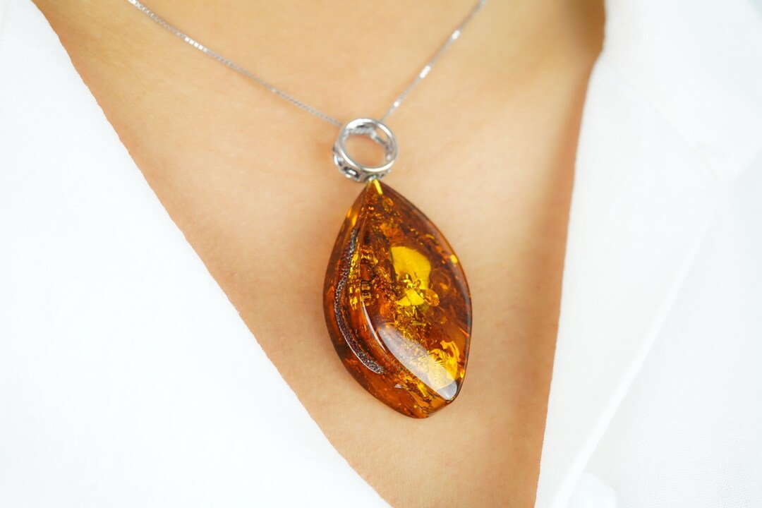 One of A Kind Amber Necklace, Sterling Silver and Amber Pendant ...