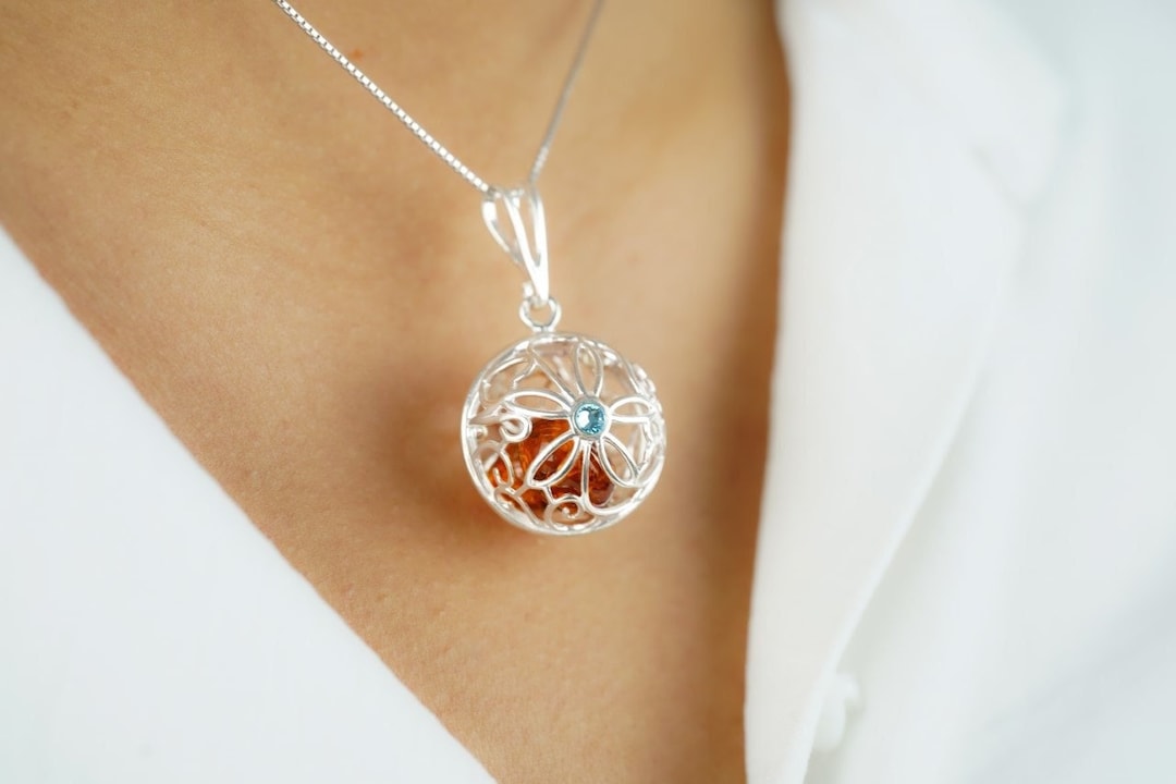Silver Ball Cage Locket With Amber Stones, Baltic Amber Ball Necklace ...