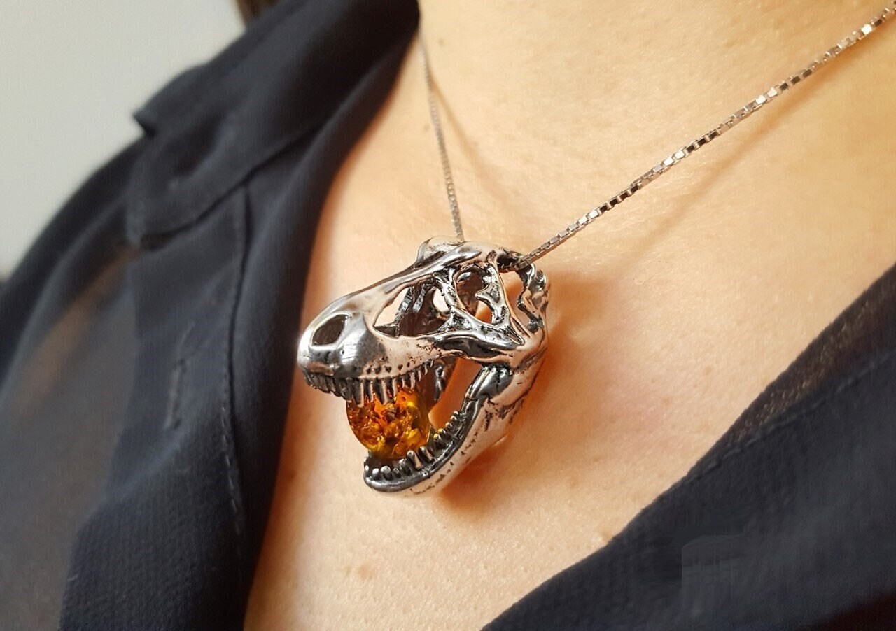 Dinosaur Amber Stone Necklace Sterling Silver Dinosaur - Etsy