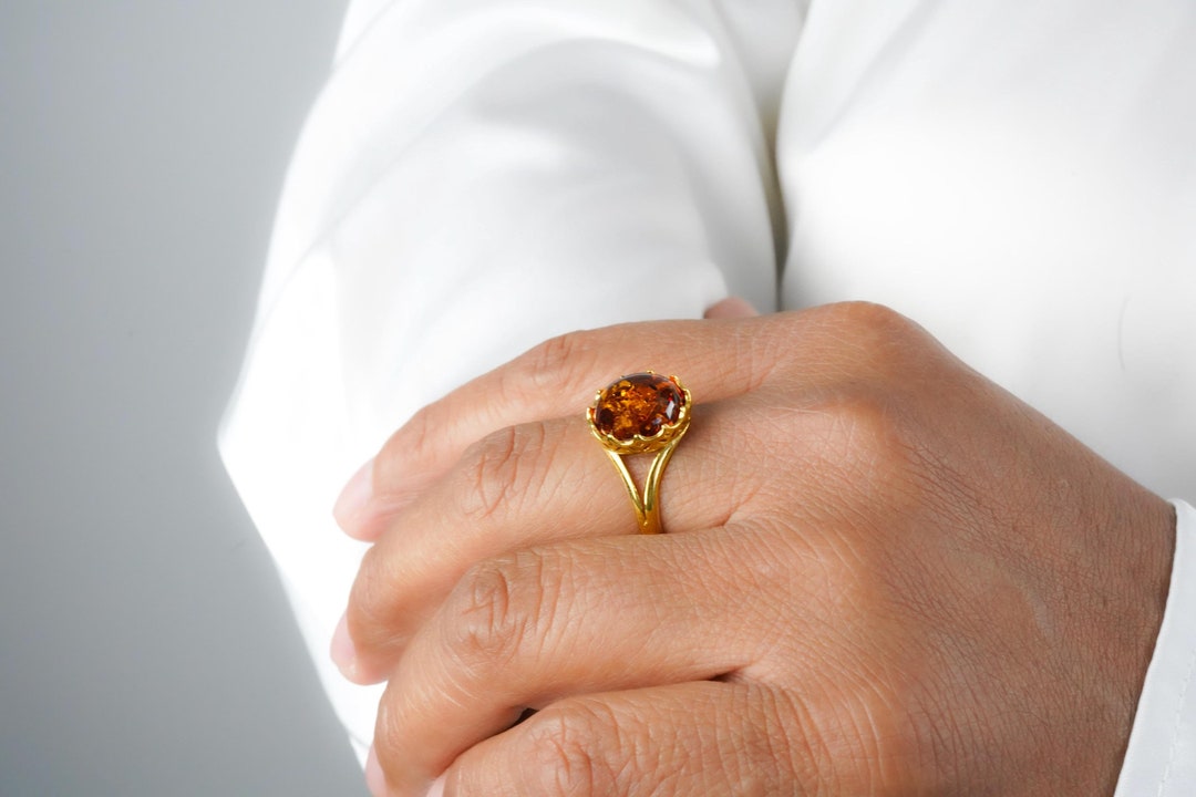 Gold Princess Ring, Round Amber Ring, Natural Baltic Amber Ring, Gold ...