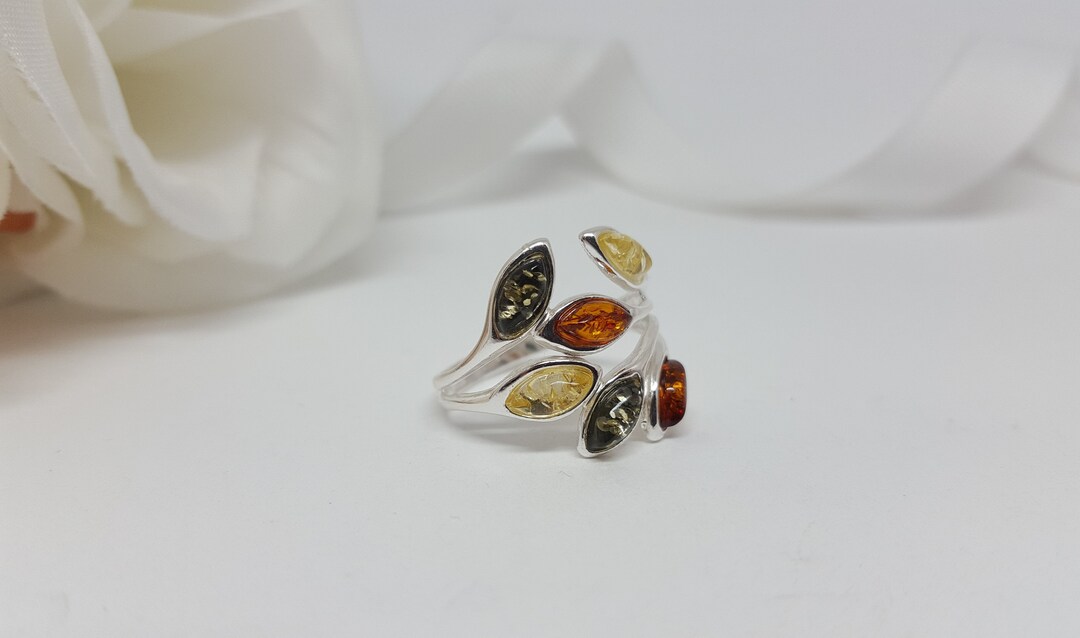 Multicolor Amber Ring, Amber Leaf Ring, Amber Stone Ring, Natural ...