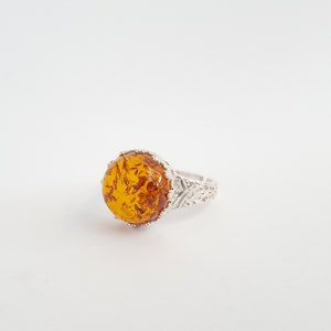 Round Princess Amber Ring, Adjustable Baltic Amber Ring, Silver and ...