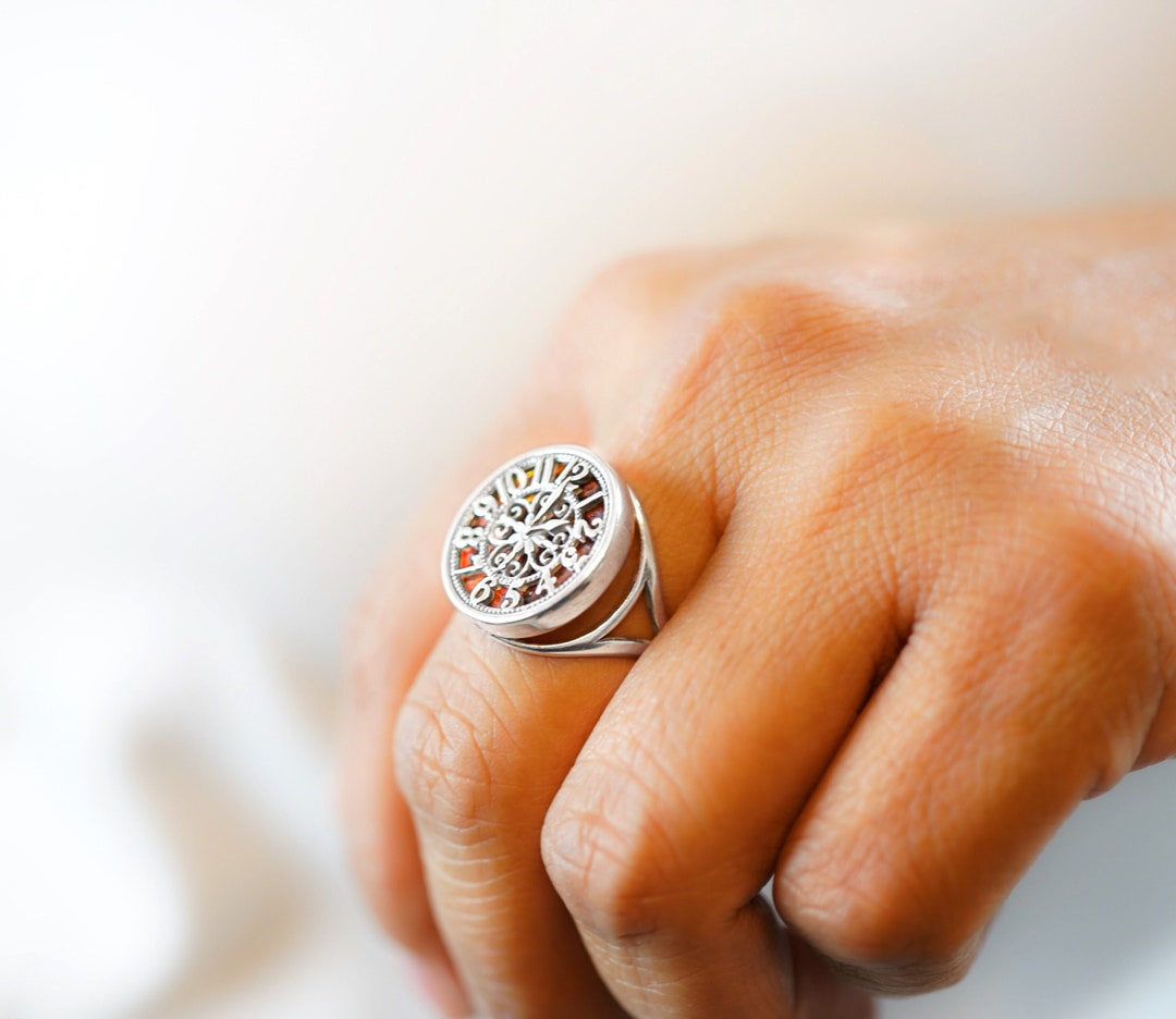 Baltic Amber Clock Face Ring, Silver and Amber Clock Ring, Adjustable ...