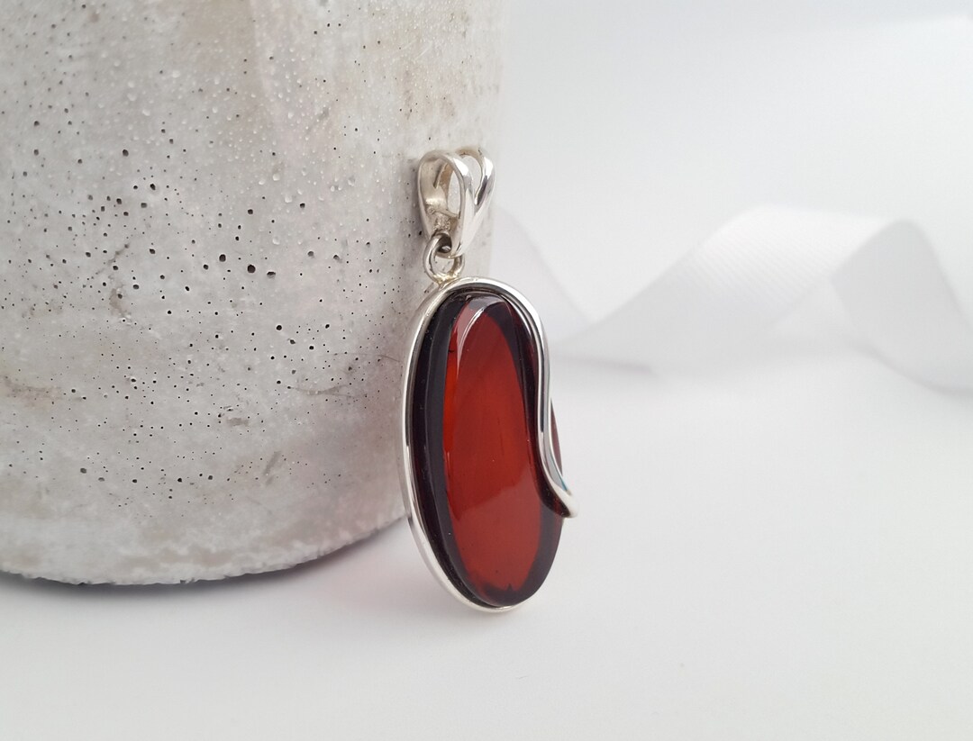 Red Oval Amber Pendant, Red Baltic Amber Necklace, Silver and Amber ...