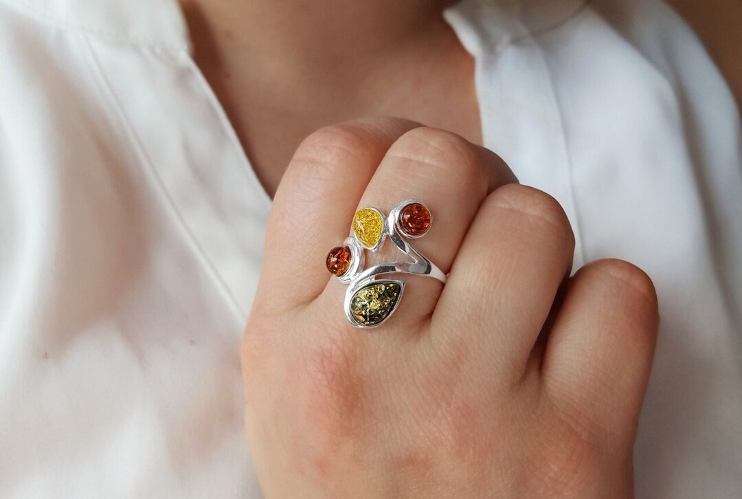 Long Silver and Amber Ring, Multi Stone Amber Ring, Colorful Amber Ring ...