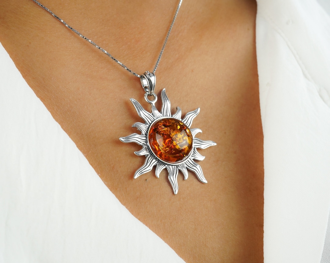 Large Baltic Amber Sun Necklace, Cognac Amber Sun Pendant, Sterling ...