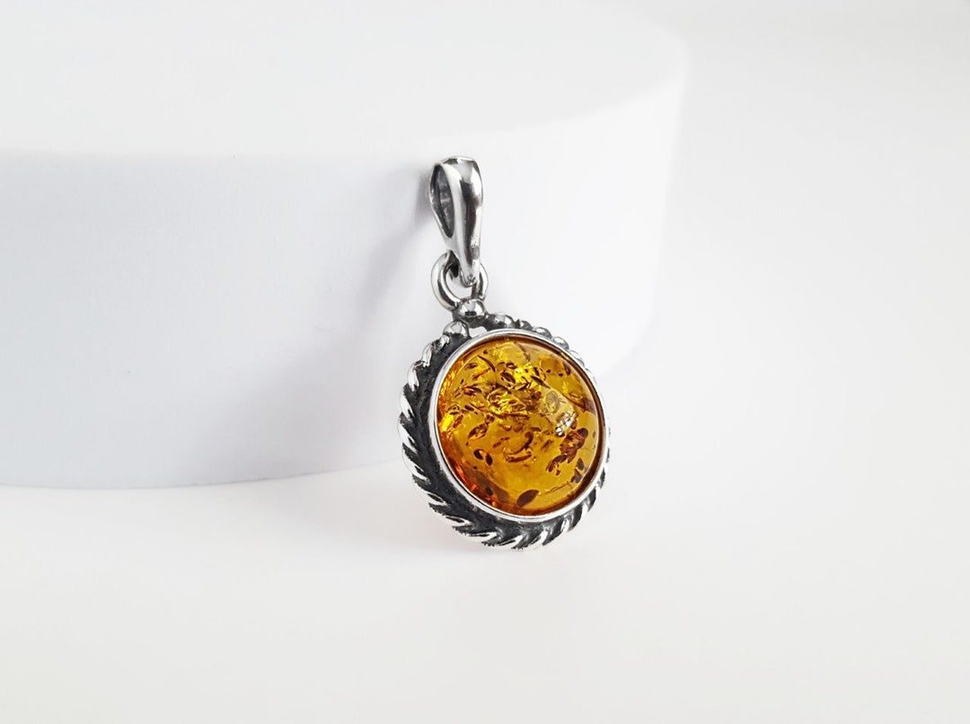 Classic Cognac Amber Charm, Round Sterling Silver and Amber Pendant ...