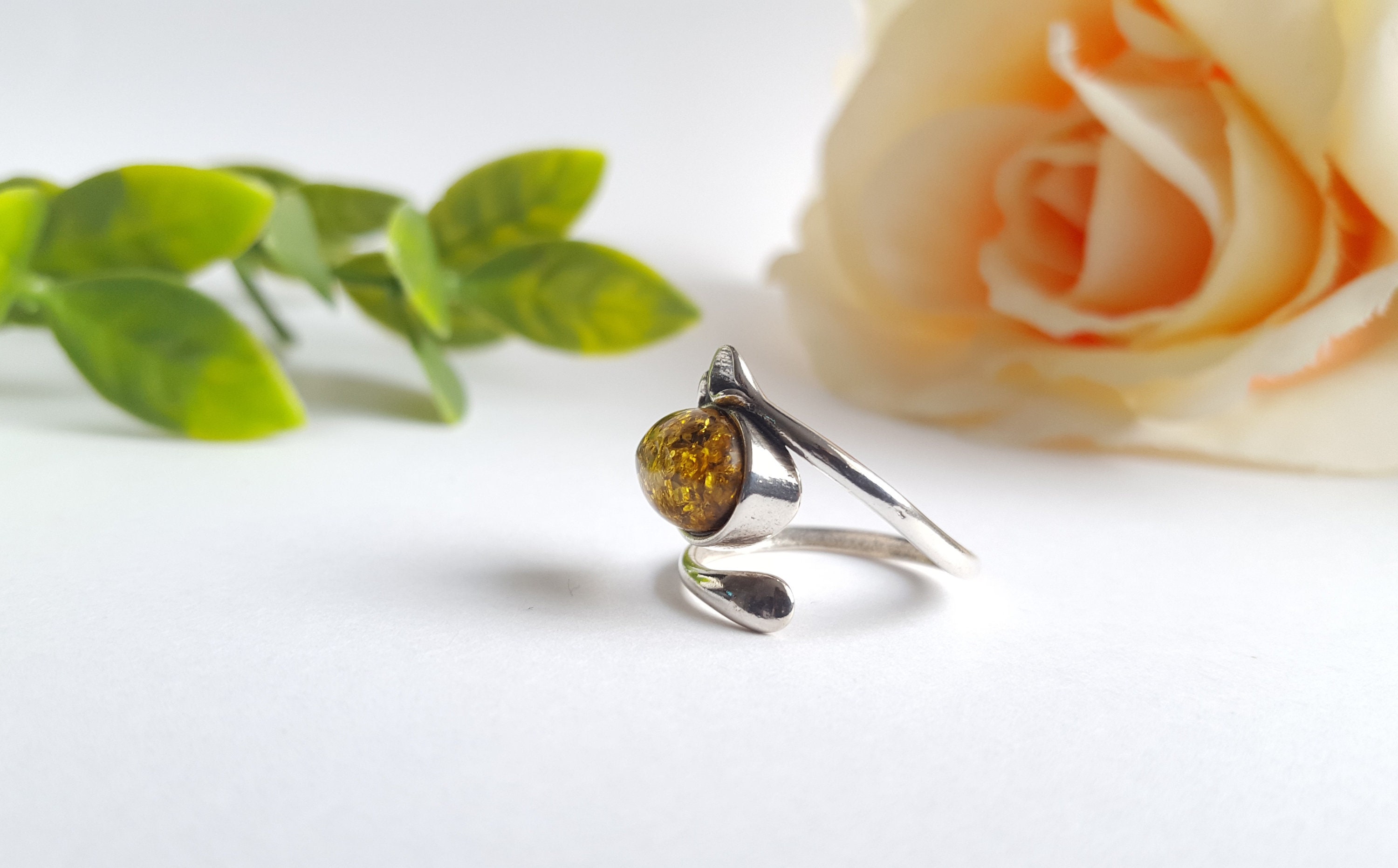 Natural Baltic Amber ring Adjustable Silver Ring Green Amber | Etsy