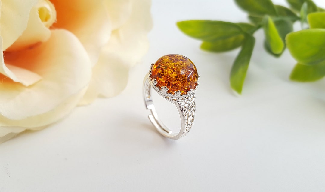 Round Princess Amber Ring, Adjustable Baltic Amber Ring, Silver and ...