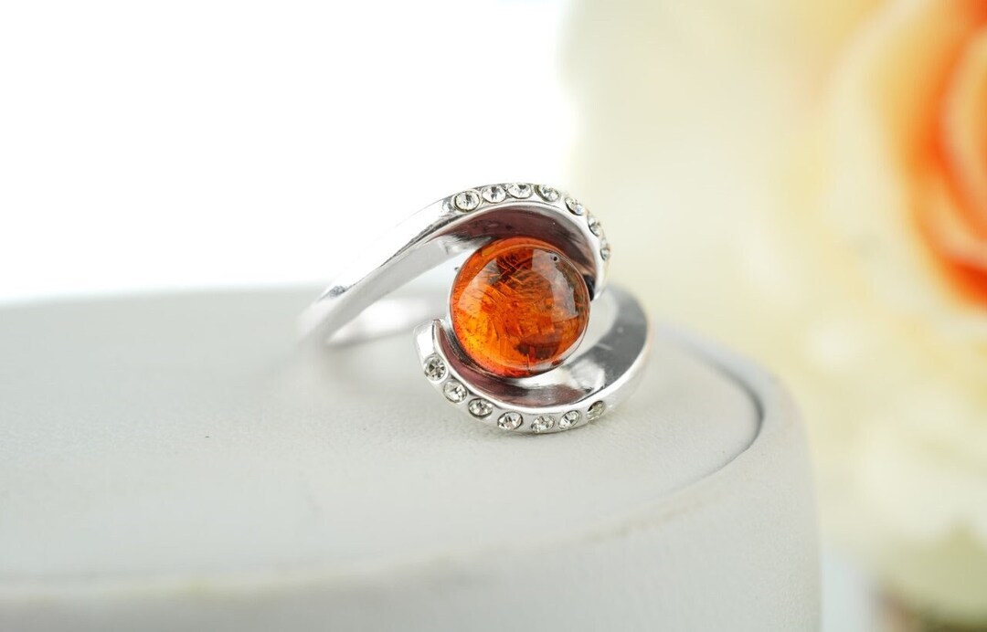 Elegant Amber Stone Ring, Round Baltic Amber Ring, Honey Amber Ring ...