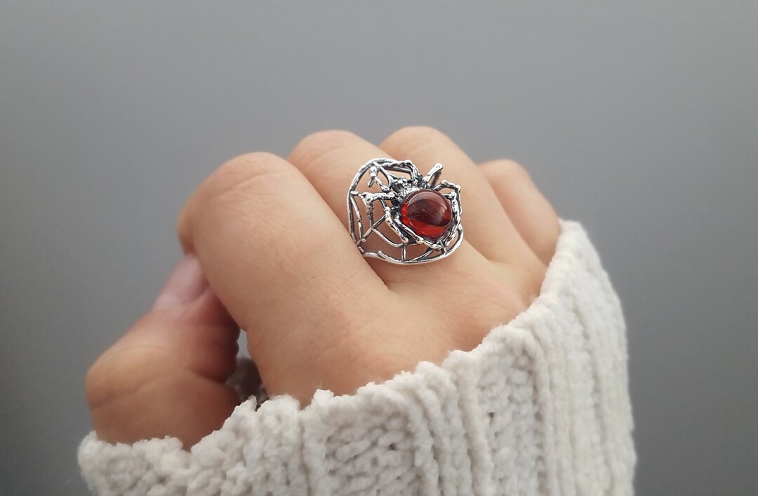 Red Amber Spider Ring Black Widow Silver and Amber Ring - Etsy