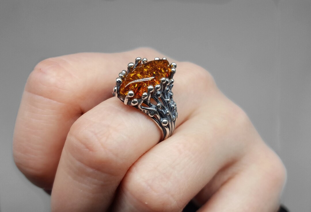 Large Statement Amber Ring, Big Silver and Amber Ring, Oval Amber Ring ...
