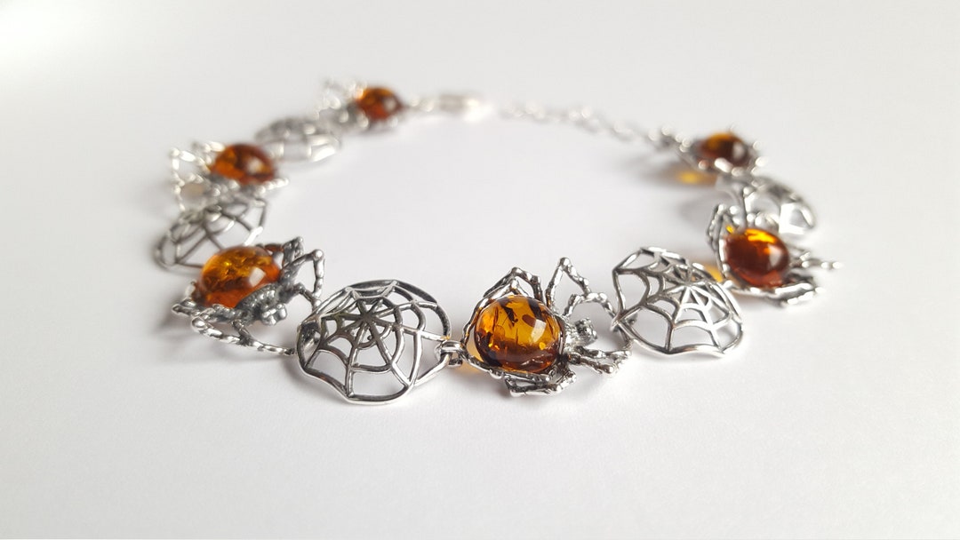 Unique Silver and Amber Spider Bracelet, Spider Web Bracelet, Silver ...