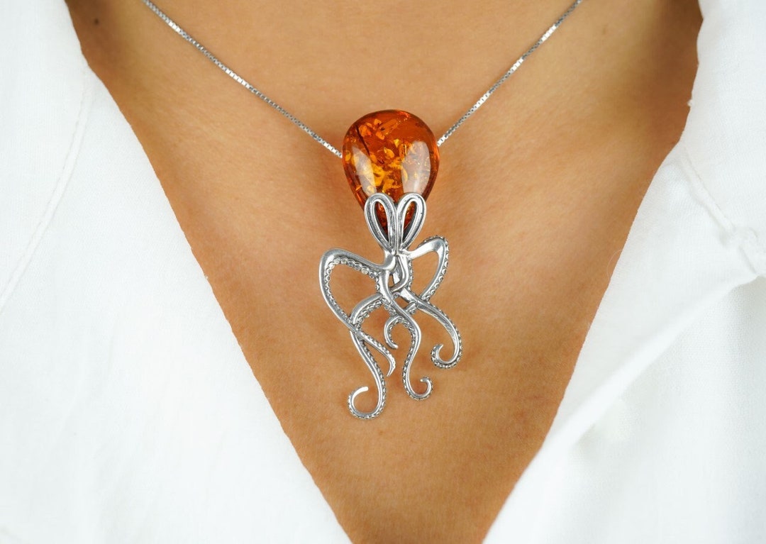 Large Amber Octopus Necklace, Sterling Silver Octopus Pendant, Amber ...