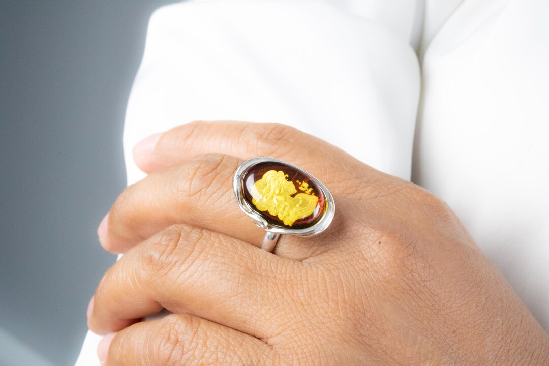 Carved Amber and Sterling Silver Ring, Cherry Red Amber Ring, Baltic ...