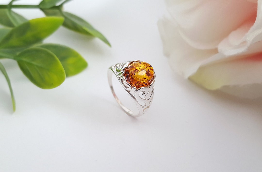 Sterling Silver and Amber Signet Ring, Round Baltic Amber Ring, Natural ...