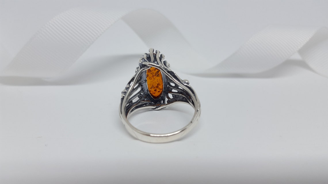 Large Statement Amber Ring, Big Silver and Amber Ring, Oval Amber Ring ...