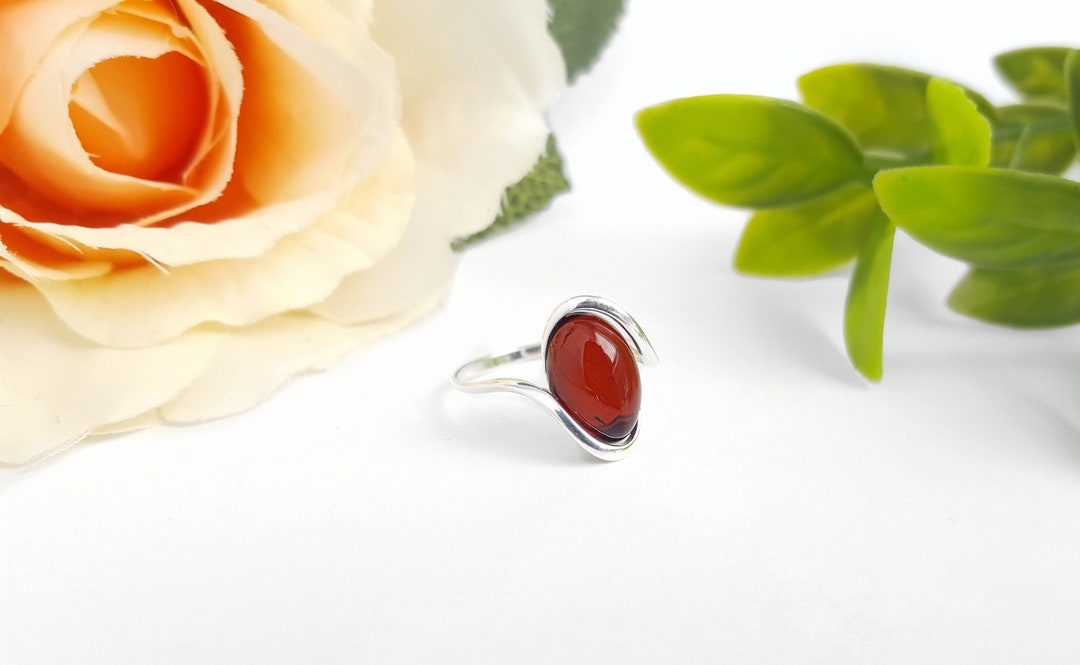 Red Baltic Amber Ring, Silver and Amber Ring, Oval Amber Ring, Cherry ...