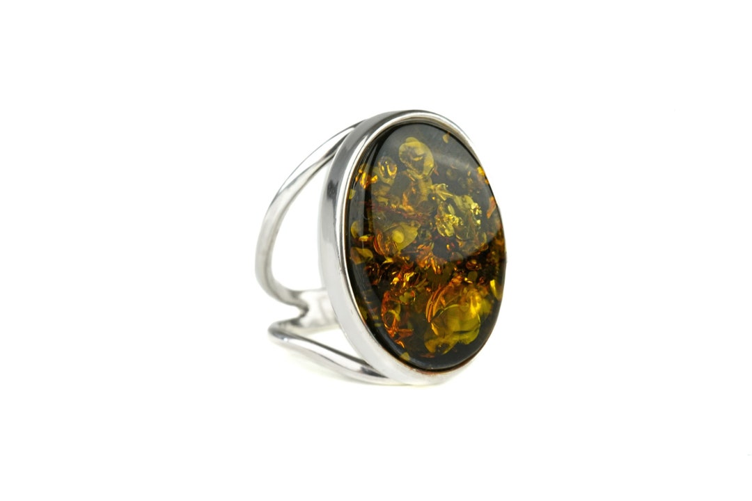 Adjustable Silver and Amber Ring, Oval Amber Ring, Green Baltic Amber ...