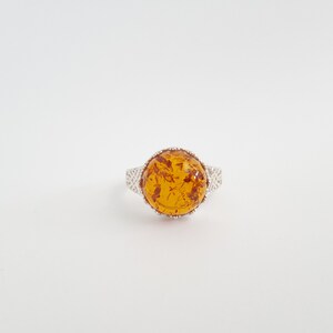 Round Princess Amber Ring, Adjustable Baltic Amber Ring, Silver and ...