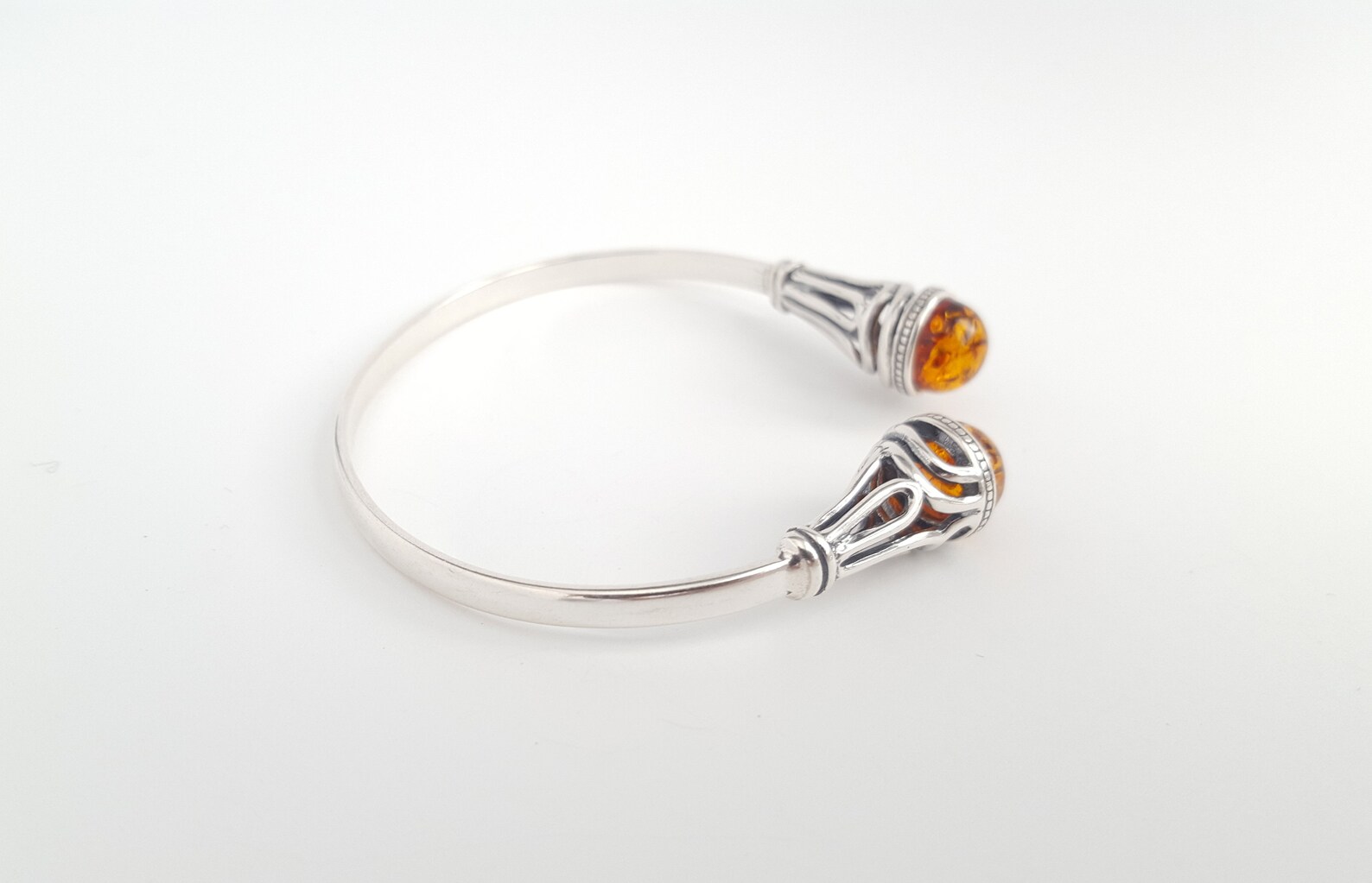 Silver and Amber Open Cluster Bangle, Adjustable Baltic Amber Ring ...
