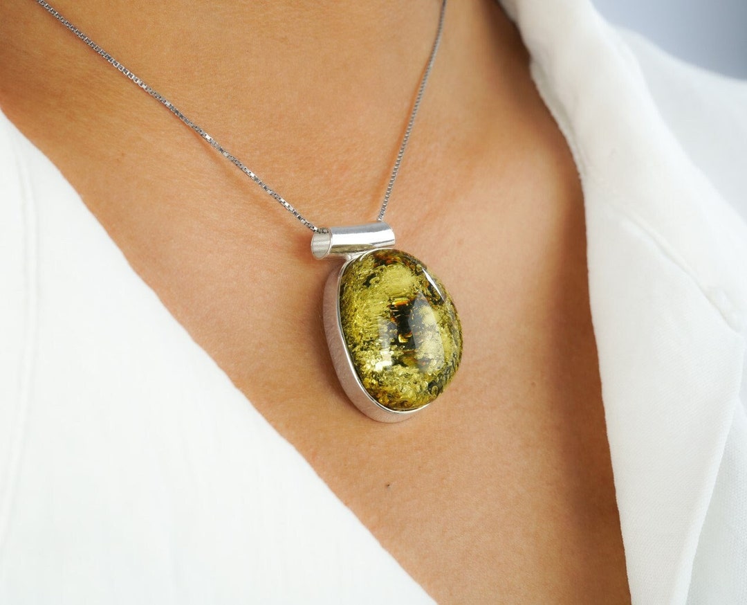 Bulbous Baltic Amber Necklace, Sterling Silver and Amber Pendant, Oval ...
