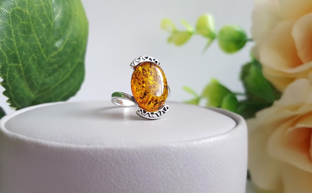 Modern Baltic Amber Ring, Honey Amber Ring, Oval Amber Ring, Silver and ...