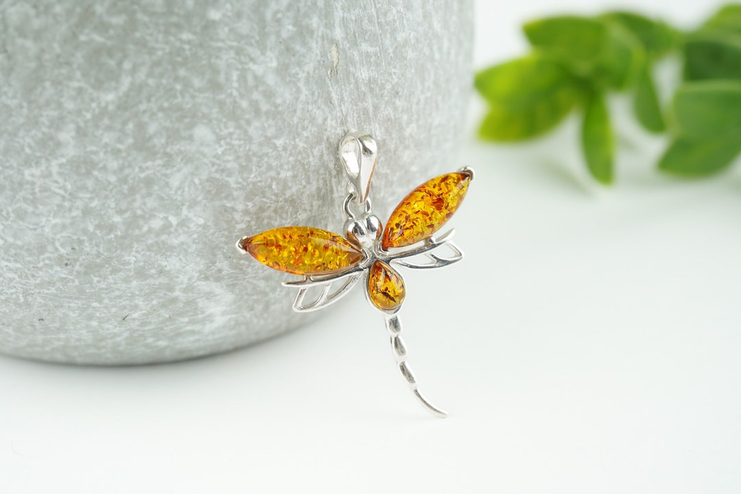 Silver and Amber Dragonfly, Baltic Amber Dragonfly Necklace, Silver ...