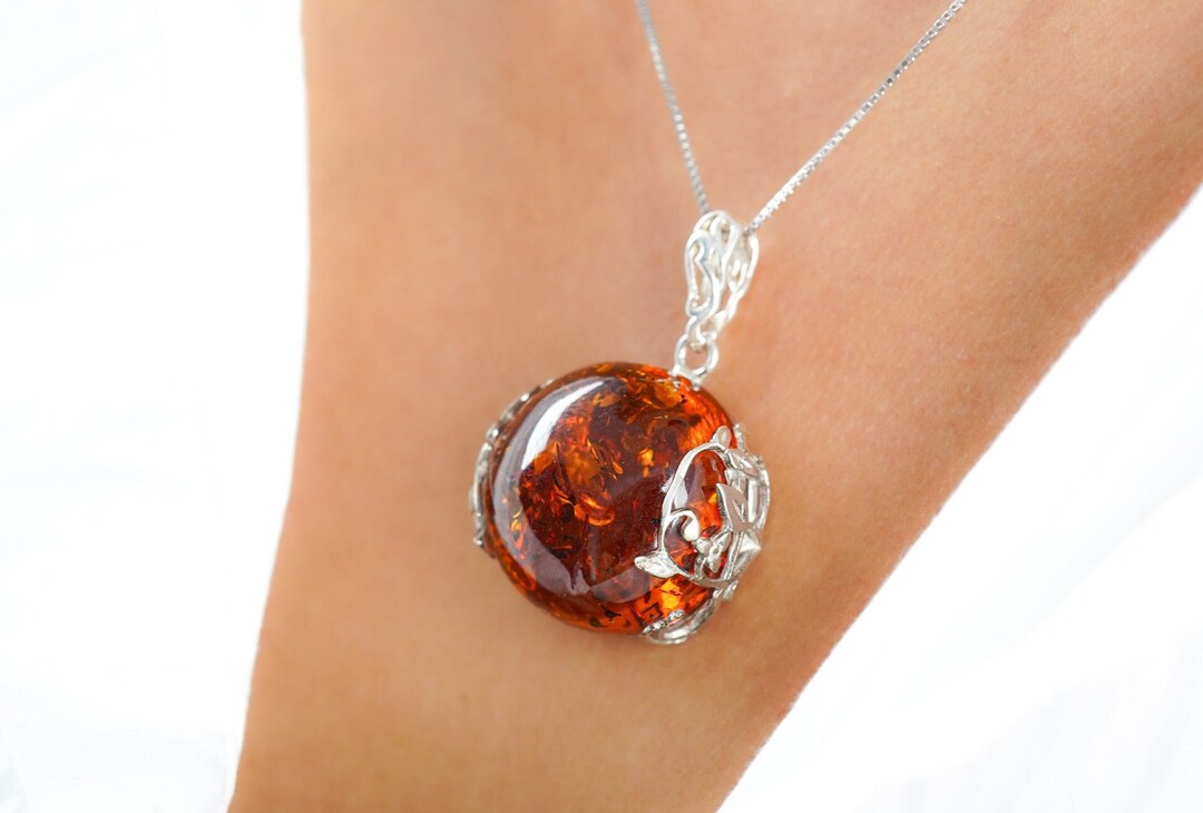 Bulbous Baltic Amber Pendant, Sterling Silver and Amber Necklace ...