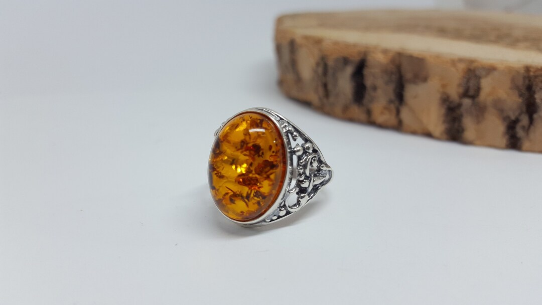 Large Baltic Amber Ring, Big Amber Statement Ring, Filigree Amber Ring ...