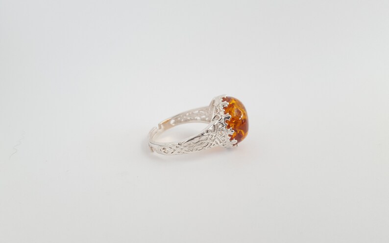 Round Princess Amber Ring, Adjustable Baltic Amber Ring, Silver and ...