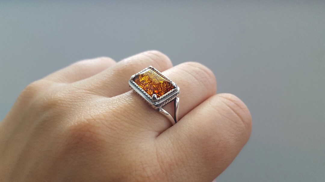 Natural Baltic Amber Ring, Rectangle Amber Ring, Amber Stone Ring ...
